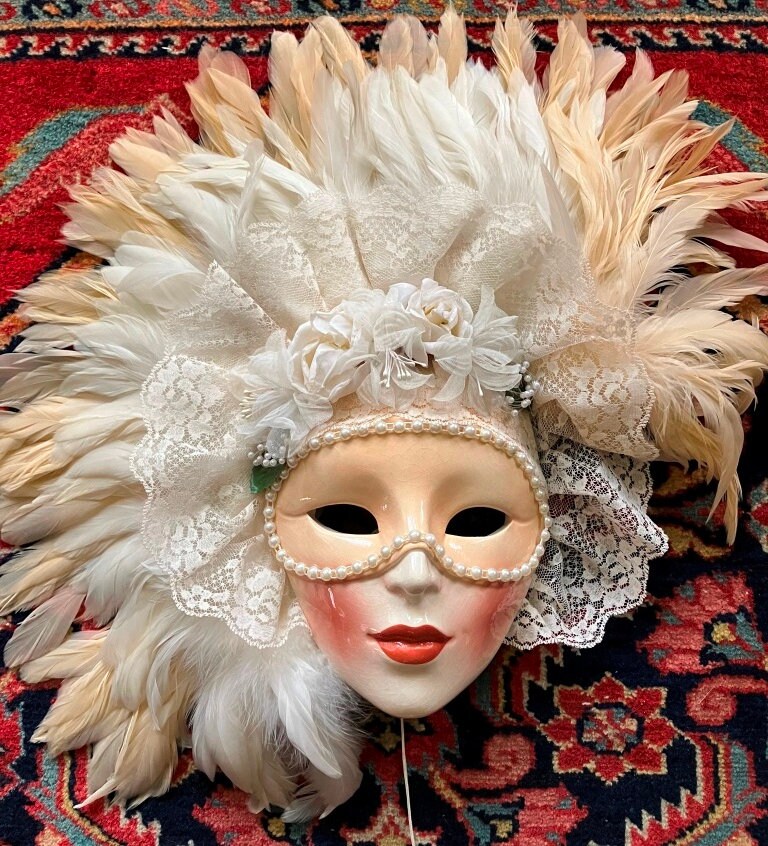 Clay Art Ceramic Face Wall Mask With White & Tan Feathers, Musical Wall ...