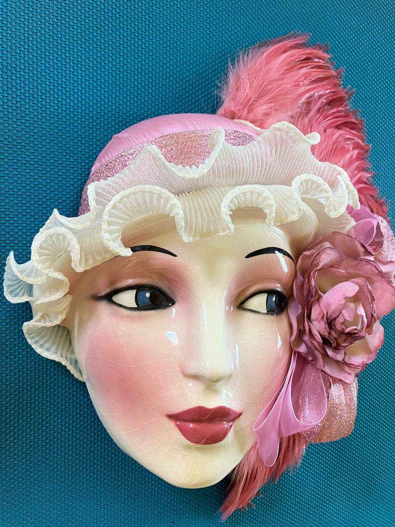 Clay Art Ceramic Face Wall Mask With Rose Feathers and Rose Wall ...