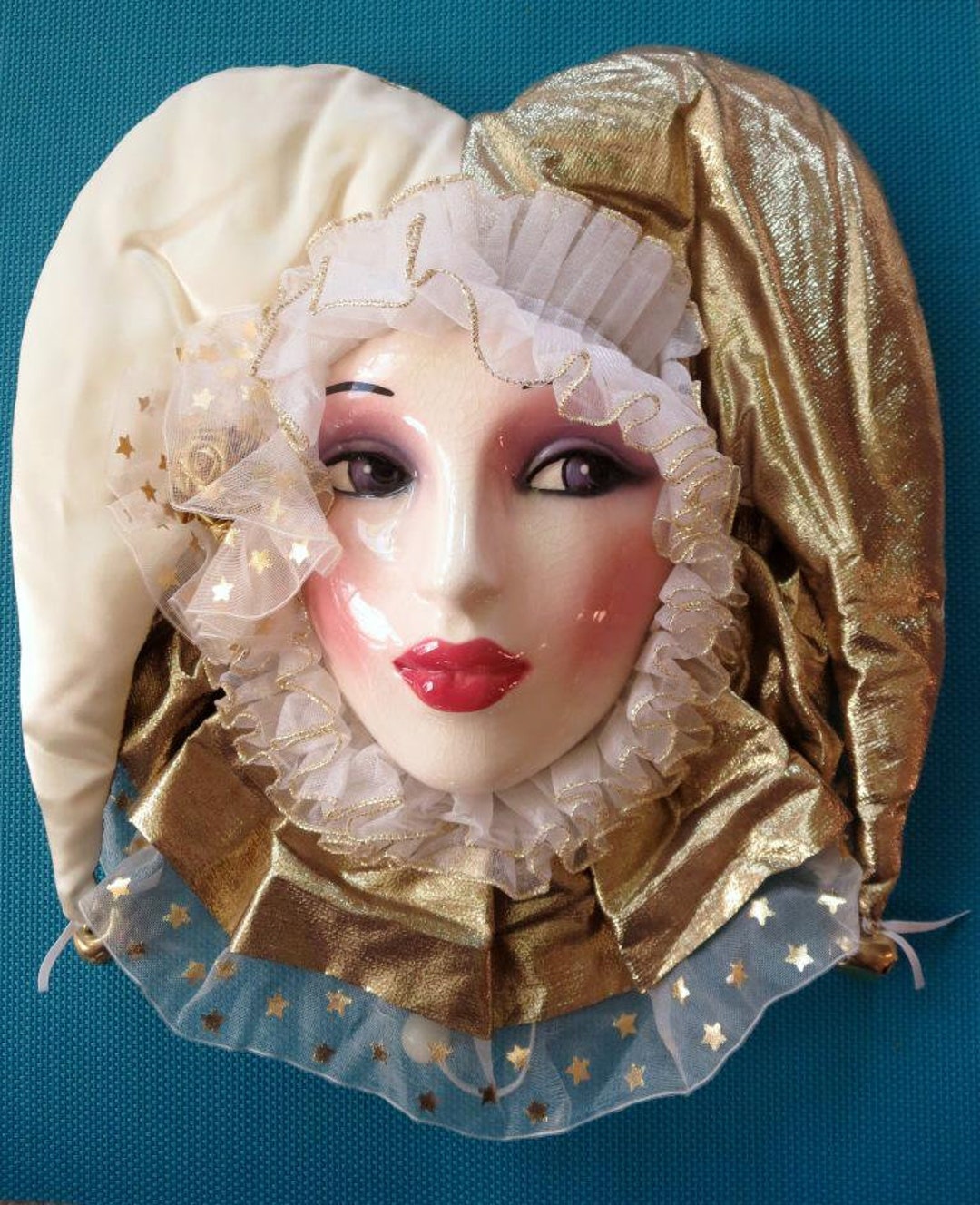 Clay Art Ceramic Face Mask, Wall Decor, Gold, Musical Court Jester Wall ...