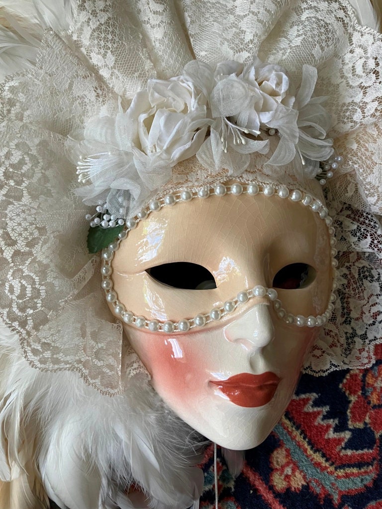 Clay Art Ceramic Face Wall Mask With White & Tan Feathers, Musical Wall ...