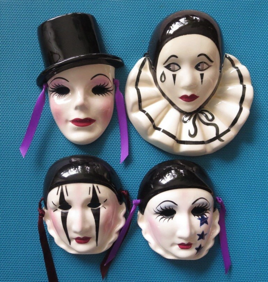4 Hand Painted Ceramic Wall Masks New Orleans Mardi Gras Pierrot, Mime ...