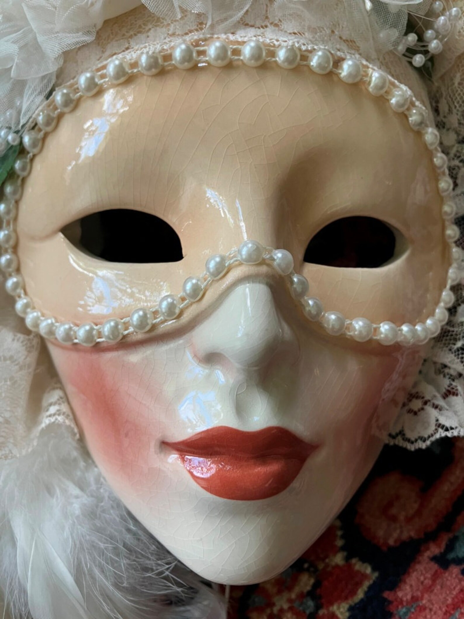 Clay Art Ceramic Face Wall Mask With White & Tan Feathers, Musical Wall ...