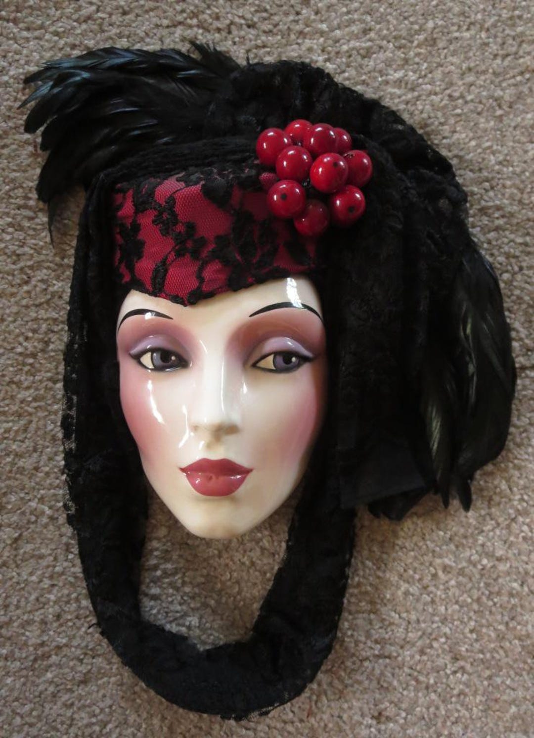 Clay Art Ceramic Face Wall Mask With Feathers and Lace, Gorgeous - Etsy