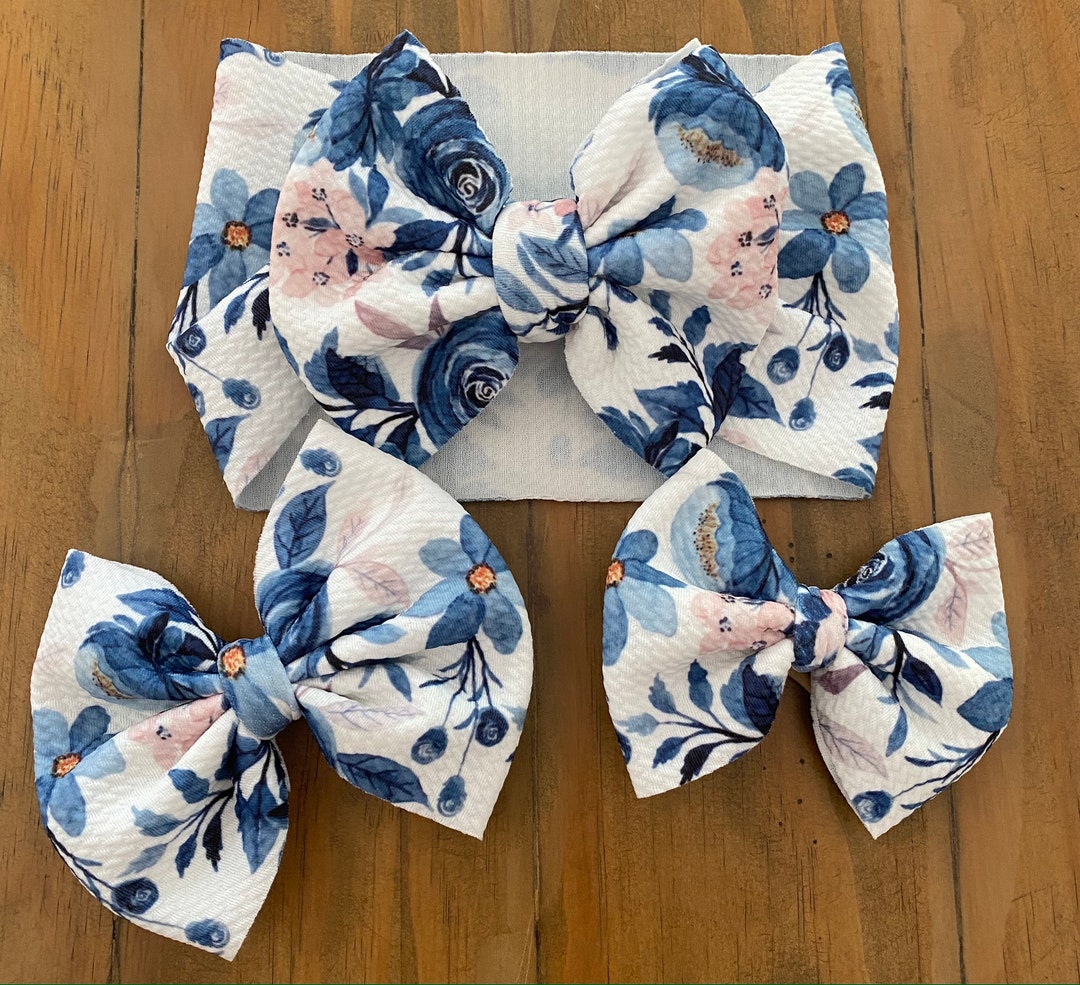 Blue Floral Baby Head Wrap, Hair Bow, Headband, Newborn, Baby, Infant ...