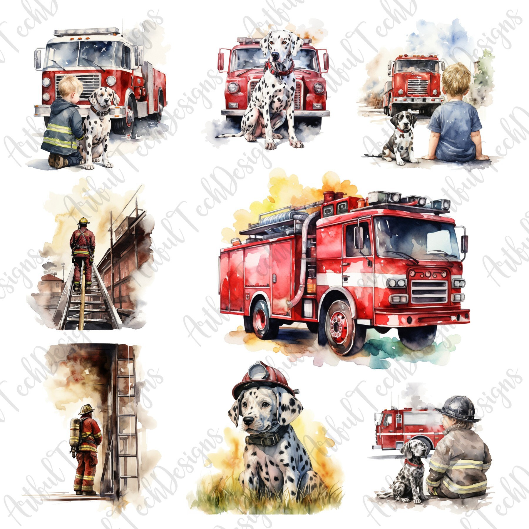Firefighter Watercolor Sublimation Bundle - Includes 8 Images in PNG ...