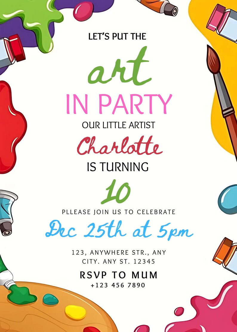 Editable Paint Party Invitation | Art Party Invite | Creative Birthday ...
