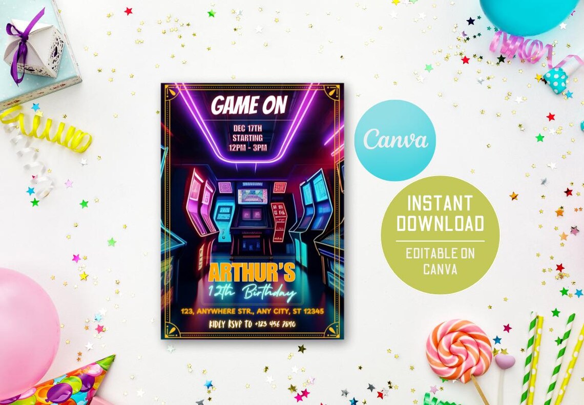 Editable Arcade Party Invitation | Retro Game Birthday Invite | Arcade ...