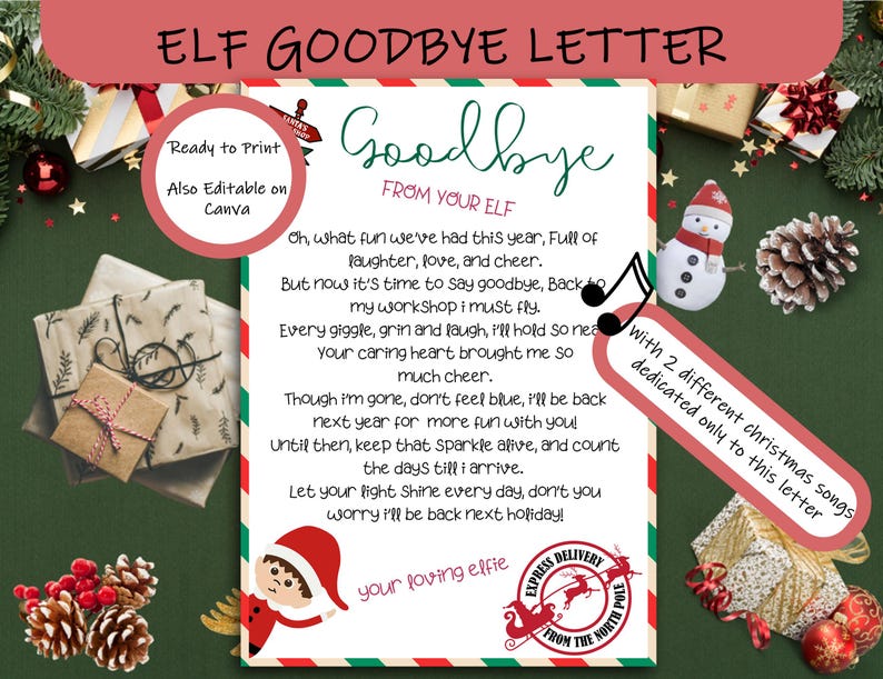 Editable Elf Goodbye Letter, Printable Farewell Message (digital ...