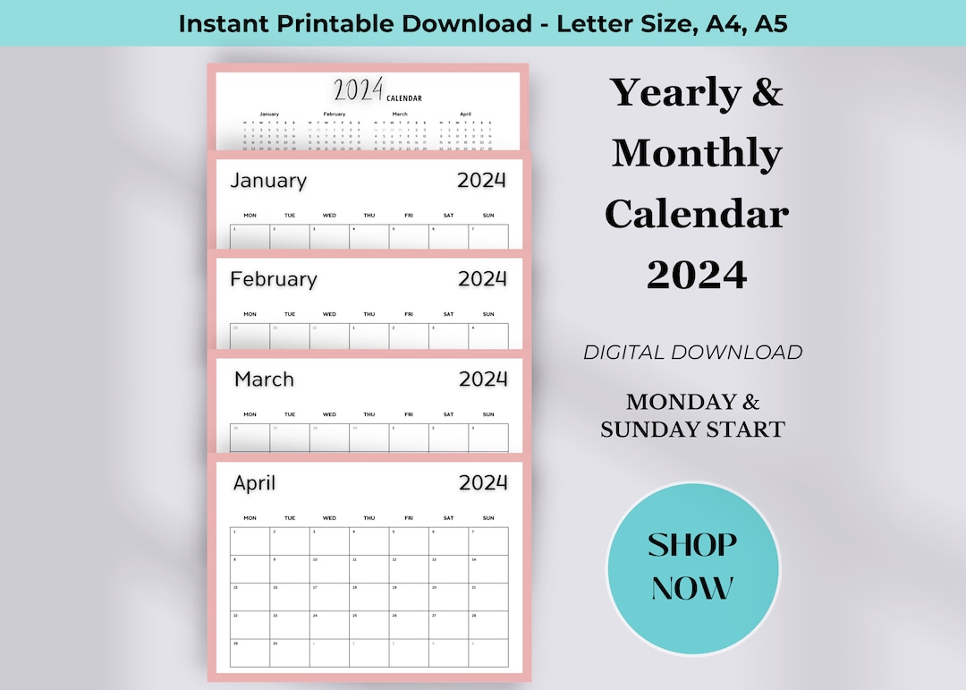 2024 Yearly Monthly Calendar | Productivity | Calendars and Planner ...