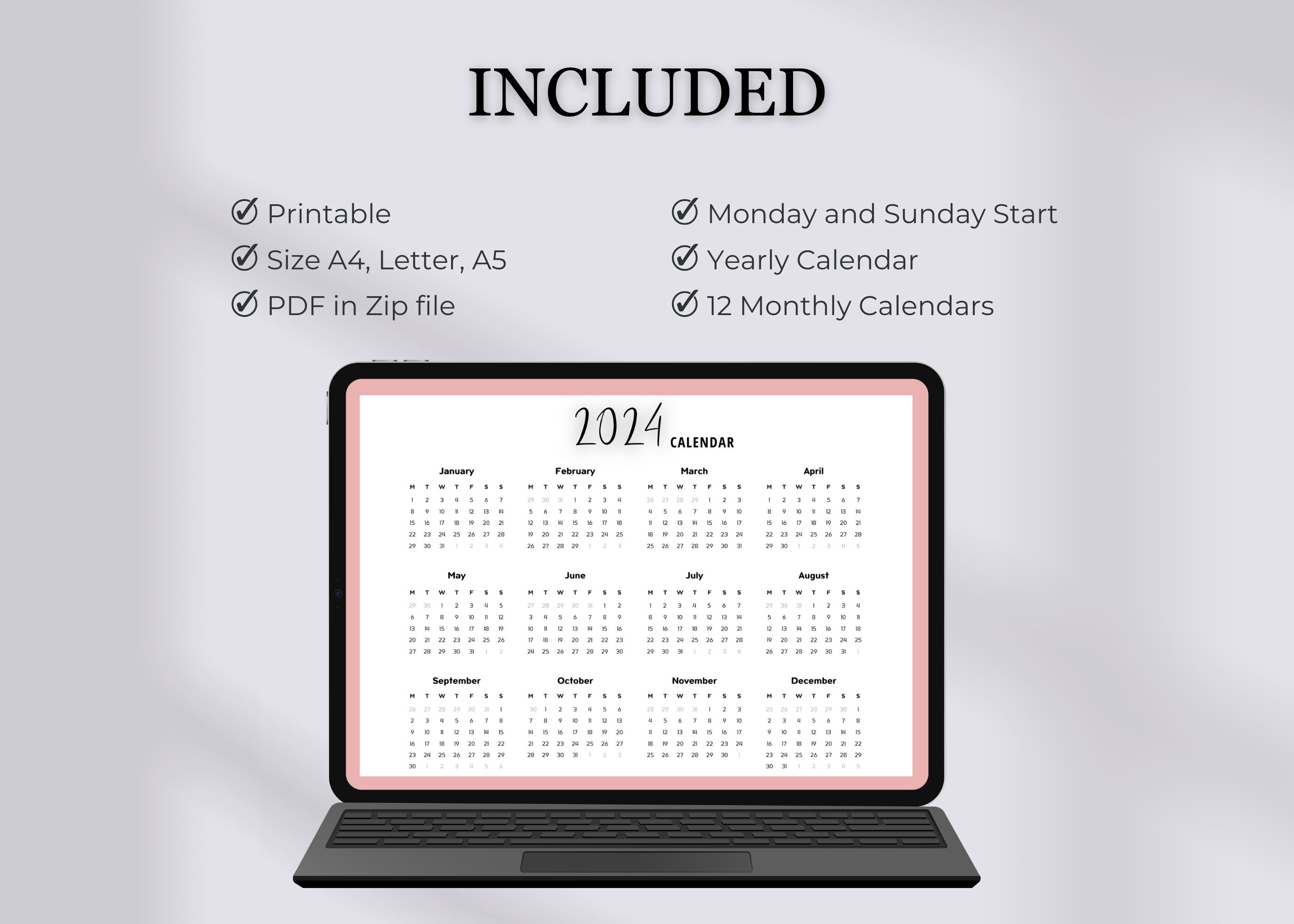 2024 Yearly Monthly Calendar | Productivity | Calendars and Planner ...