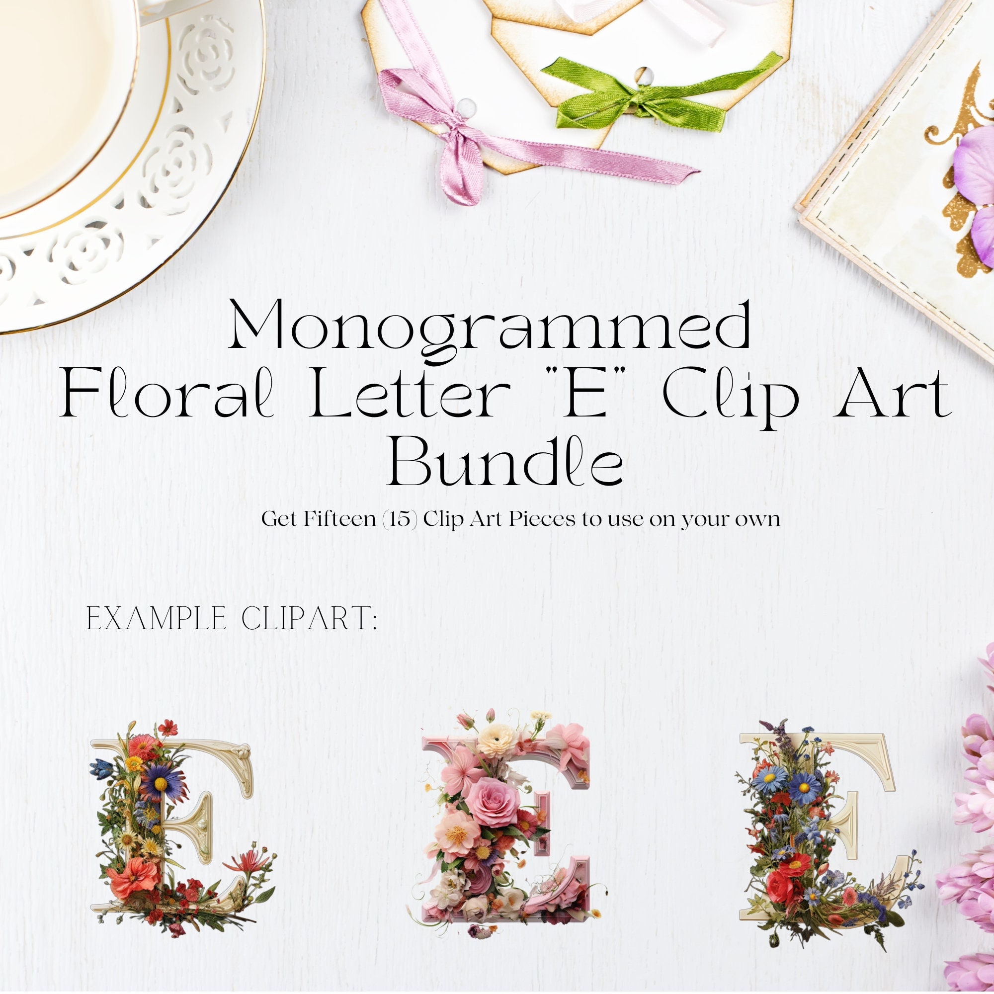 Monogrammed Floral Letter e Clip Art Bundle/alphabet Clip Art/png Bundle for Digital Scrapbooks ...