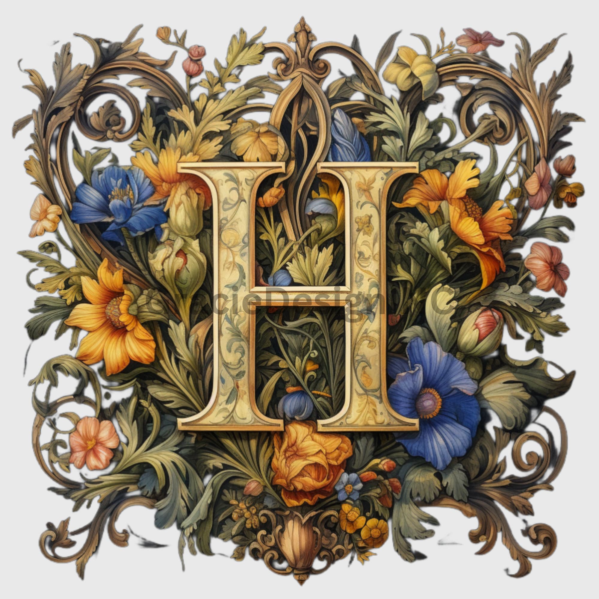 Monogrammed Floral Letter h Clip Art Bundle/alphabet Clip Art/png ...