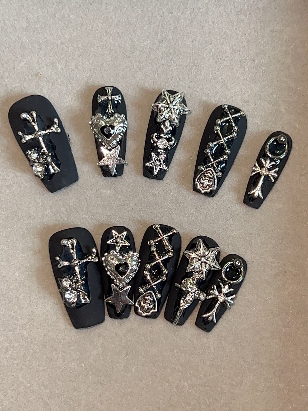 Luxury Black Cross Nails/ Black and Ivory Silver Press on Nails/ Silver ...