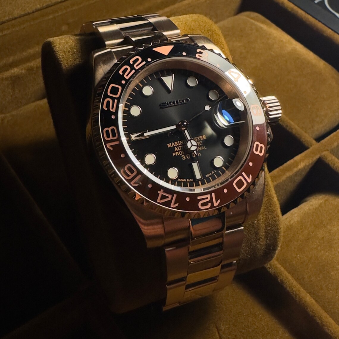 SEIKO Rose Gold Custom GMT Master Rootbeer Rotating Sapphire Glass ...
