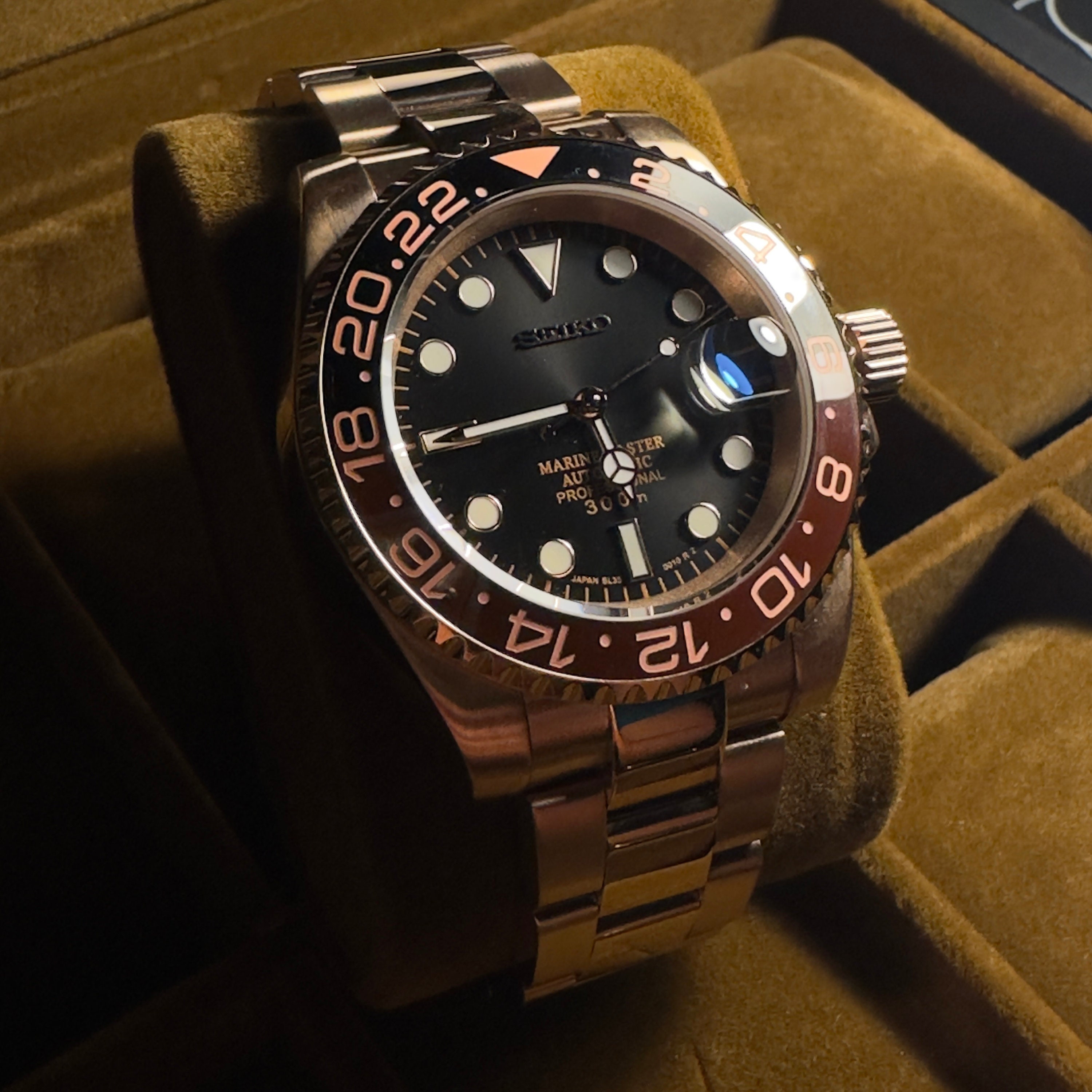 SEIKO Rose Gold Custom GMT Master Rootbeer Rotating Sapphire Glass ...