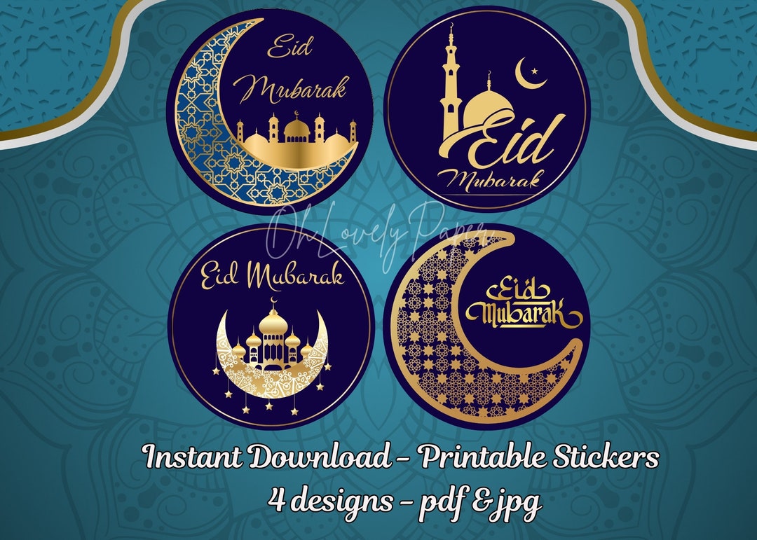Printable Eid Mubarak Stickers in Blue & Gold, Digital Gift Labels for ...