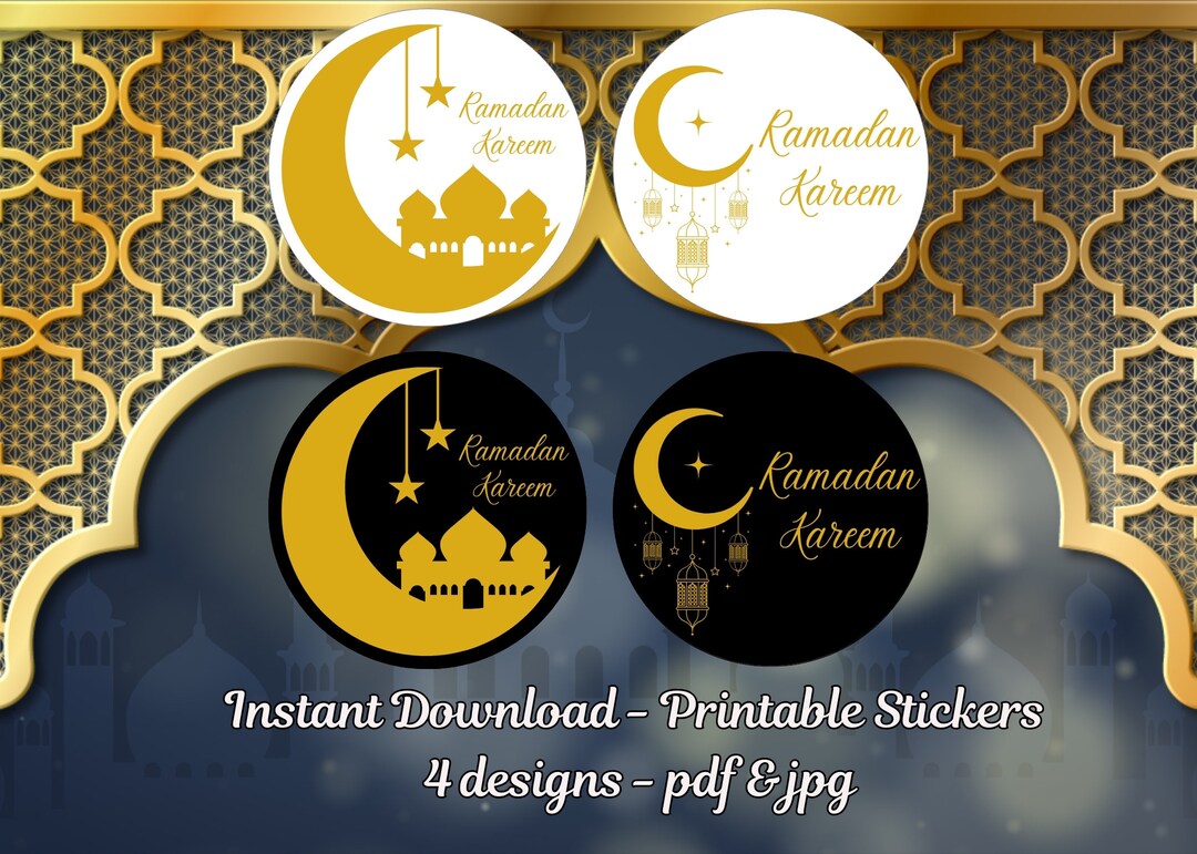 Printable 4 Ramadan Kareem Stickers, Digital Download, Black, Gold ...