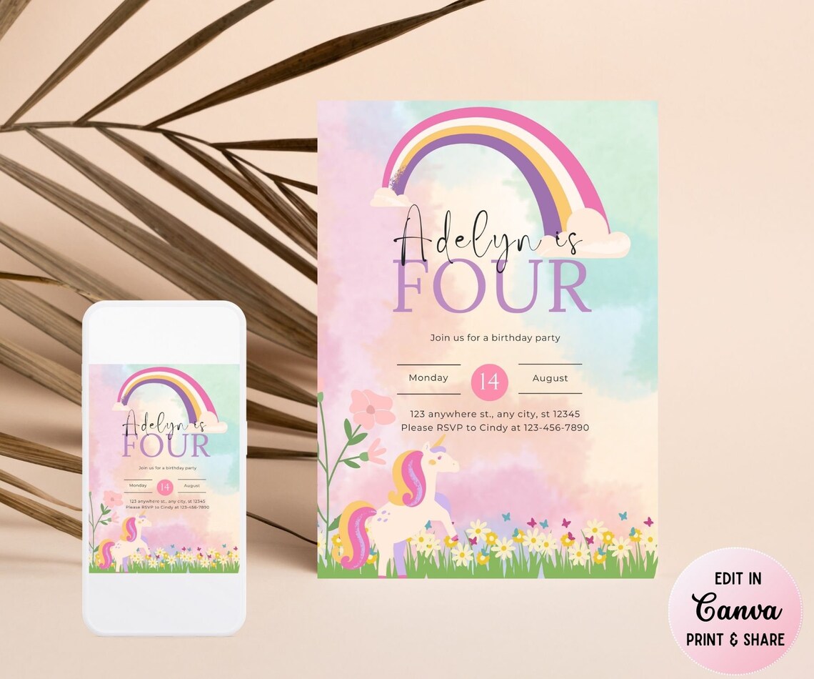 Editable Unicorn Invitation Template | Unicorn and Rainbow Pastel ...