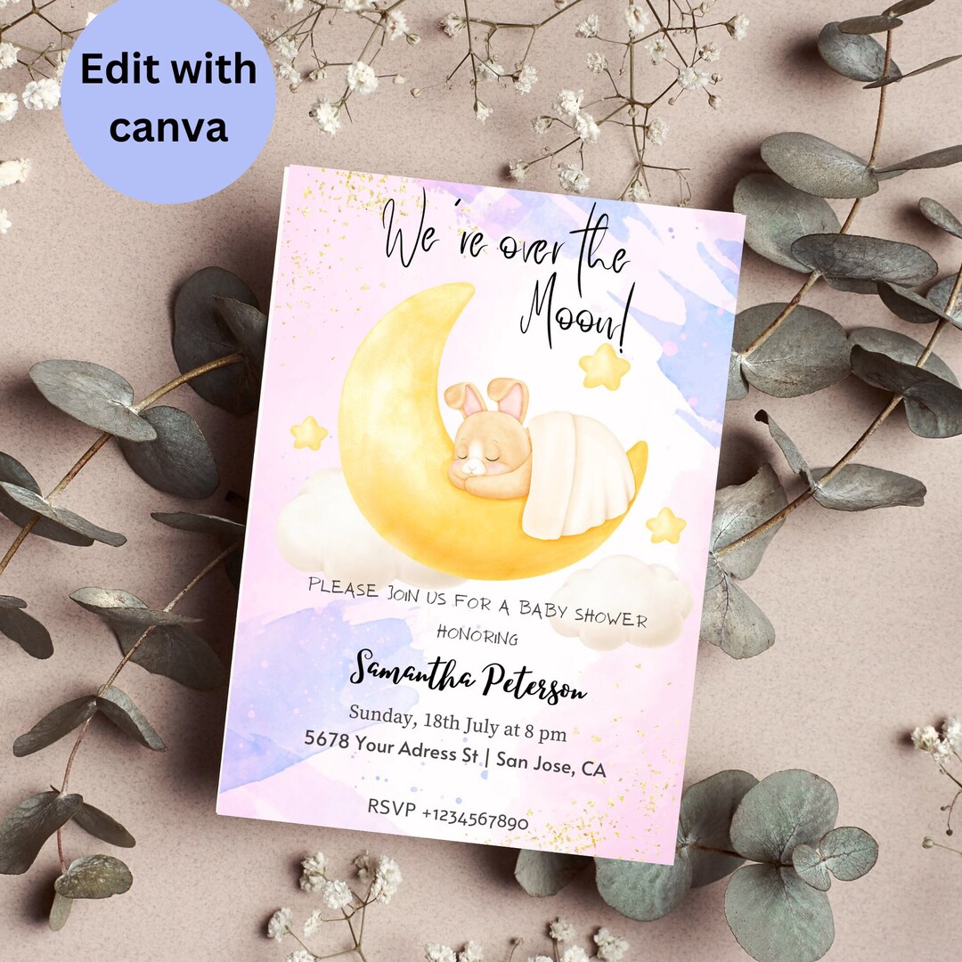 Over the Moon Baby Shower Invitation Template Digital - Etsy