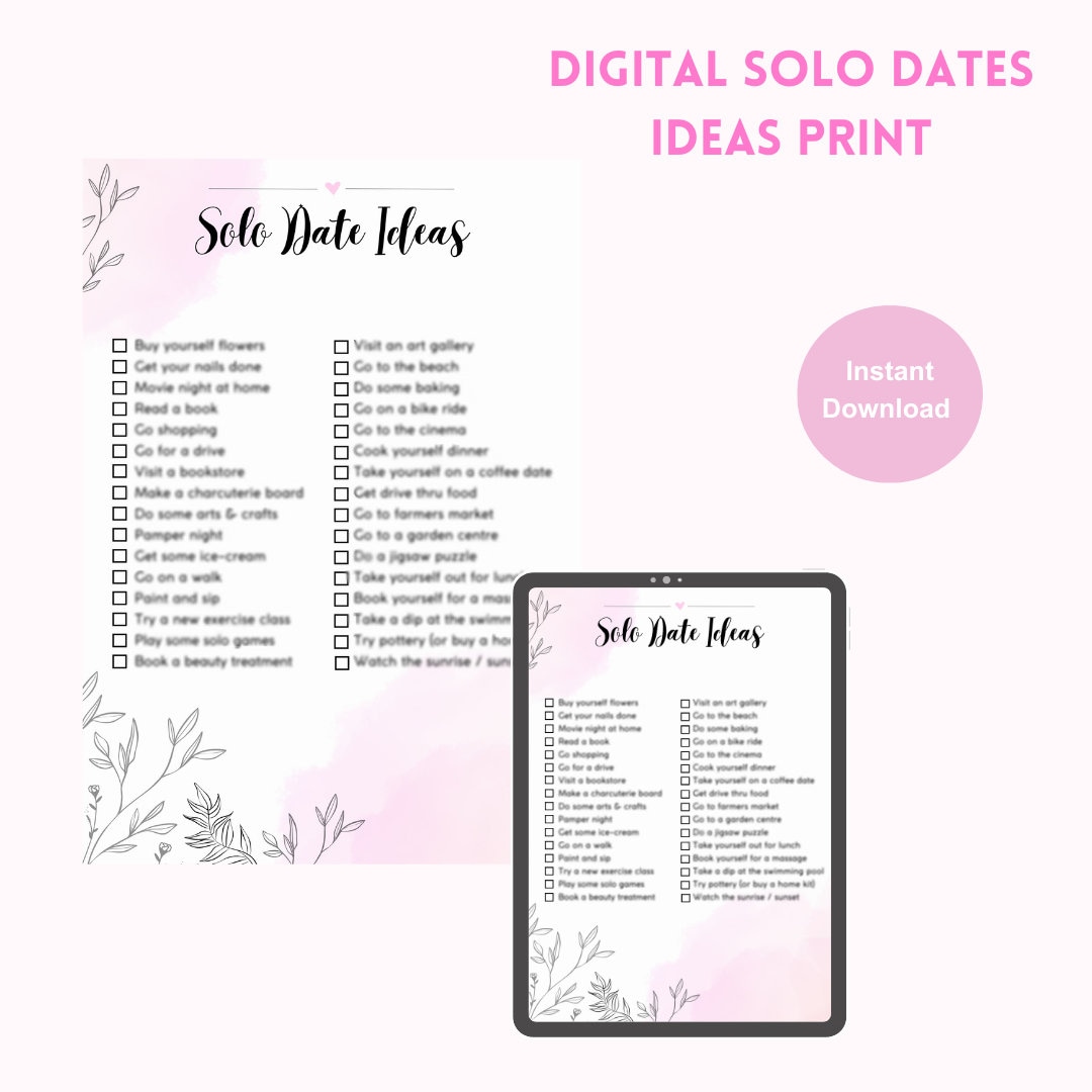 Solo Date Ideas Print | Digital Download | Solo Dates Printable | Solo ...