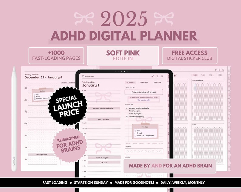 Soft Pink ADHD Digital Planner, 2025 iPad Good Notes Planner for ...