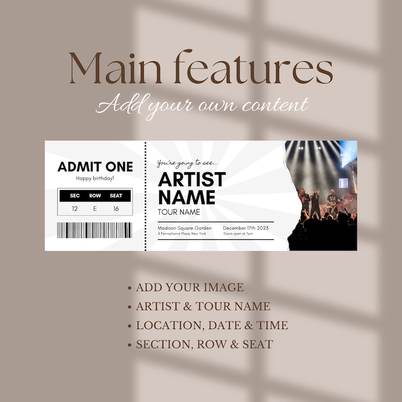 Editable Concert Ticket Replica, Custom Concert Ticket Gift Last Minute ...