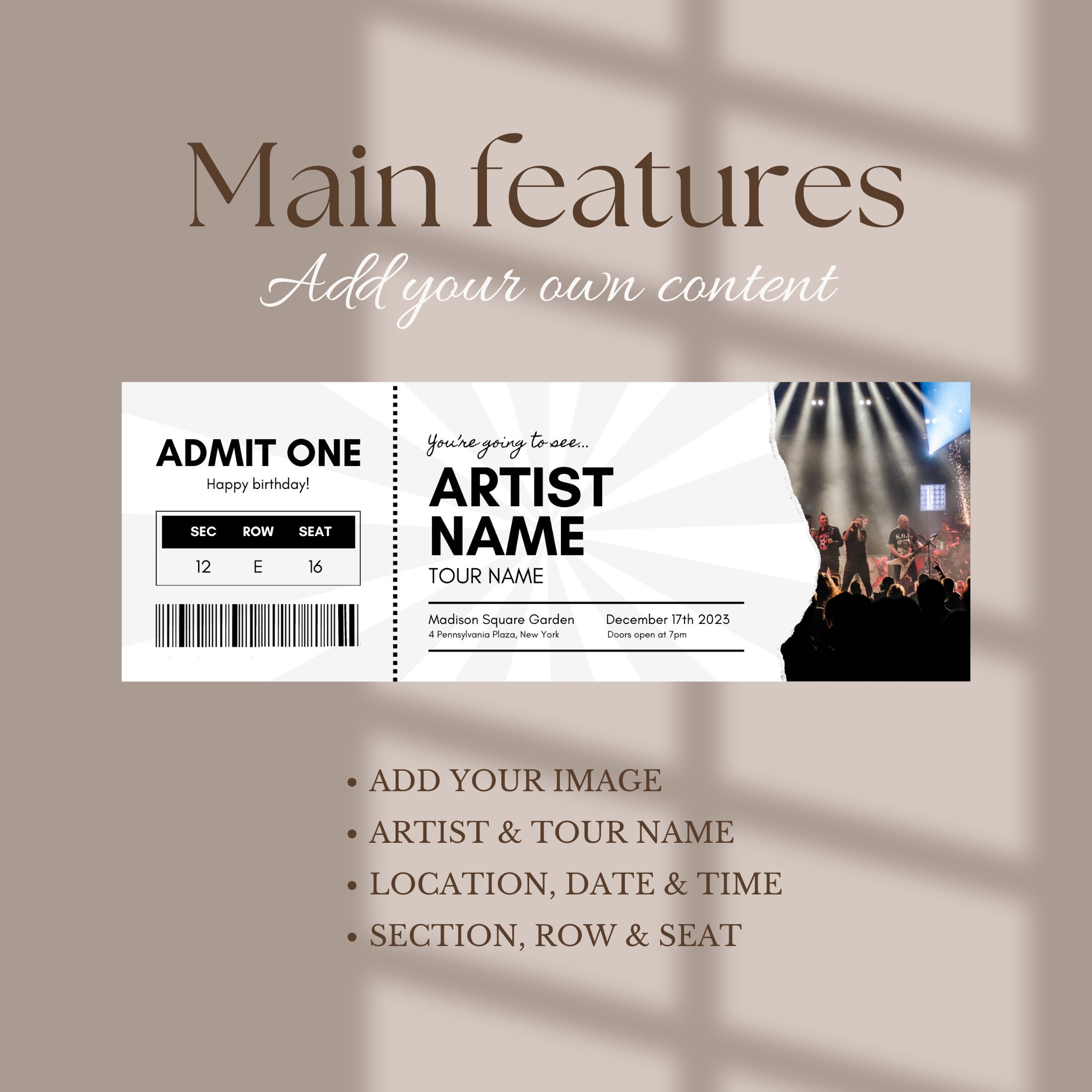 Editable Concert Ticket Replica, Custom Concert Ticket Gift Last Minute ...