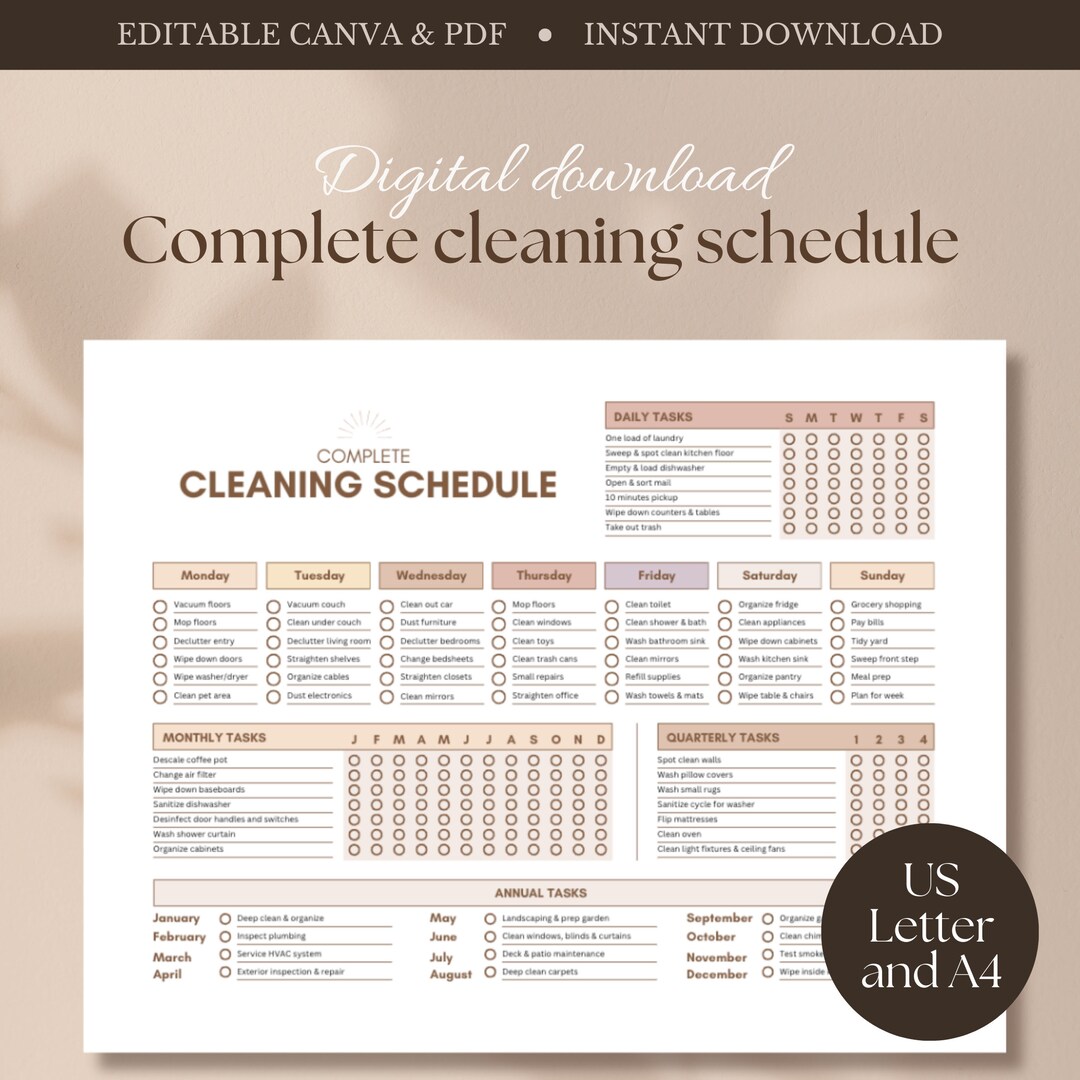 Editable & Printable Complete Cleaning Schedule, Daily, Weekly, Monthly ...