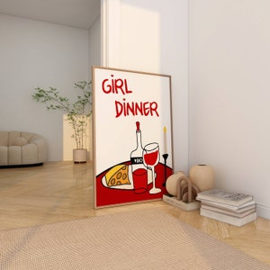 Girl Dinner Poster, Bar Cart Art Decor, Red Wall Art, 70s Print, Trendy ...