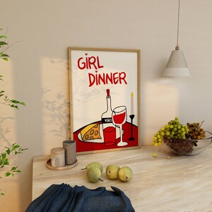 Girl Dinner Poster, Bar Cart Art Decor, Red Wall Art, 70s Print, Trendy ...