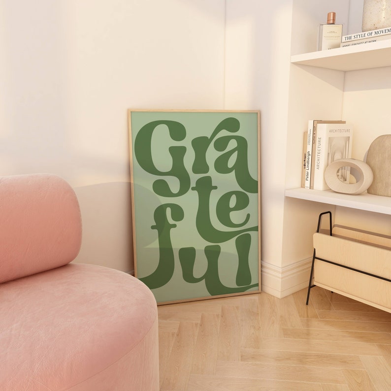 Grateful Abstract Art Print, Sage Green Typography (digital Download ...