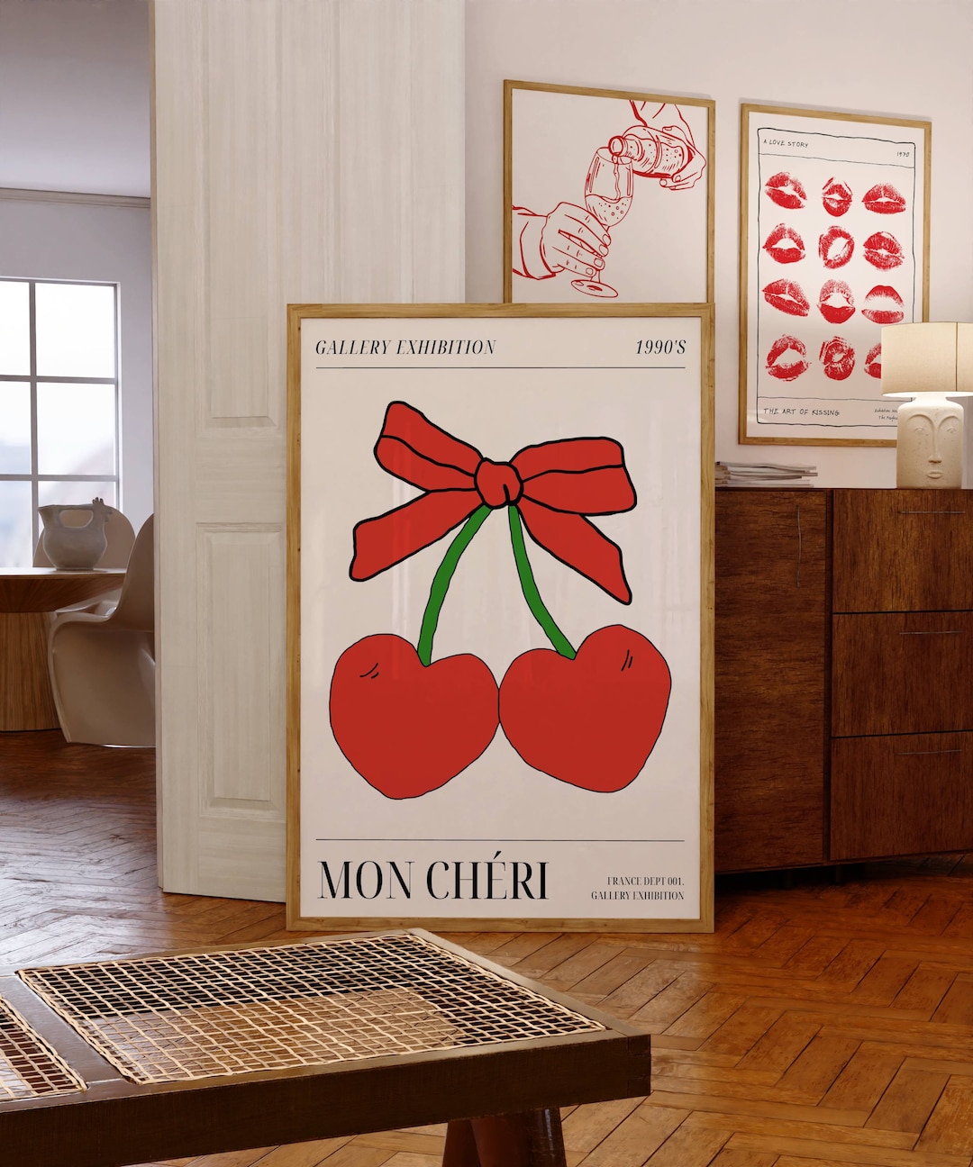 Mon Chéri Poster, Cherry Poster, Hand Drawn Print, Printable Art, Retro ...