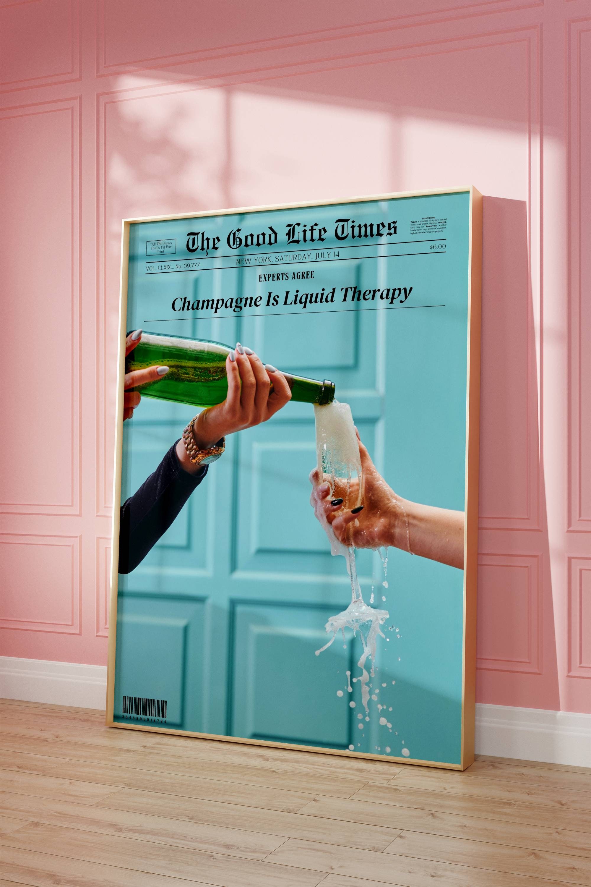 Liquid Therapy Newspaper Headline Poster, Champagne Wall Art, Retro Bar ...