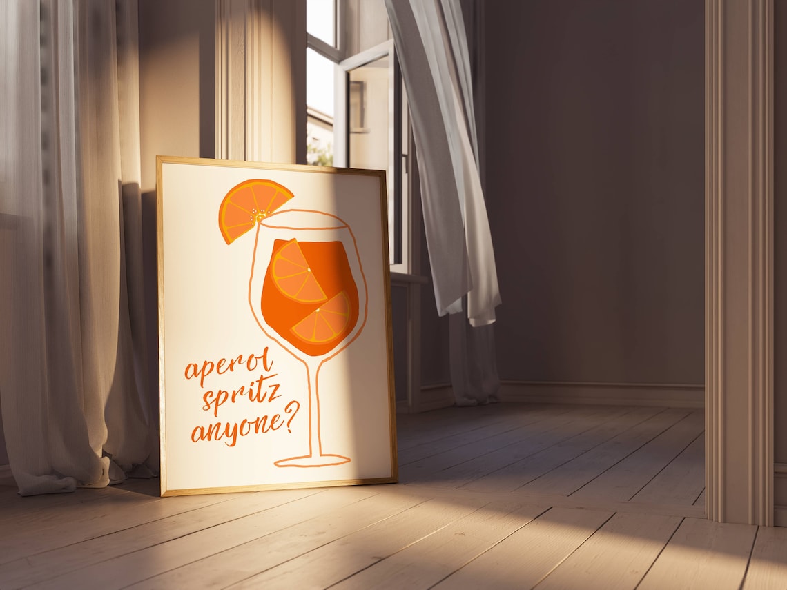 Aperol Spritz Poster, Bar Cart Wall Art Prints, Hand Drawn Illustration ...
