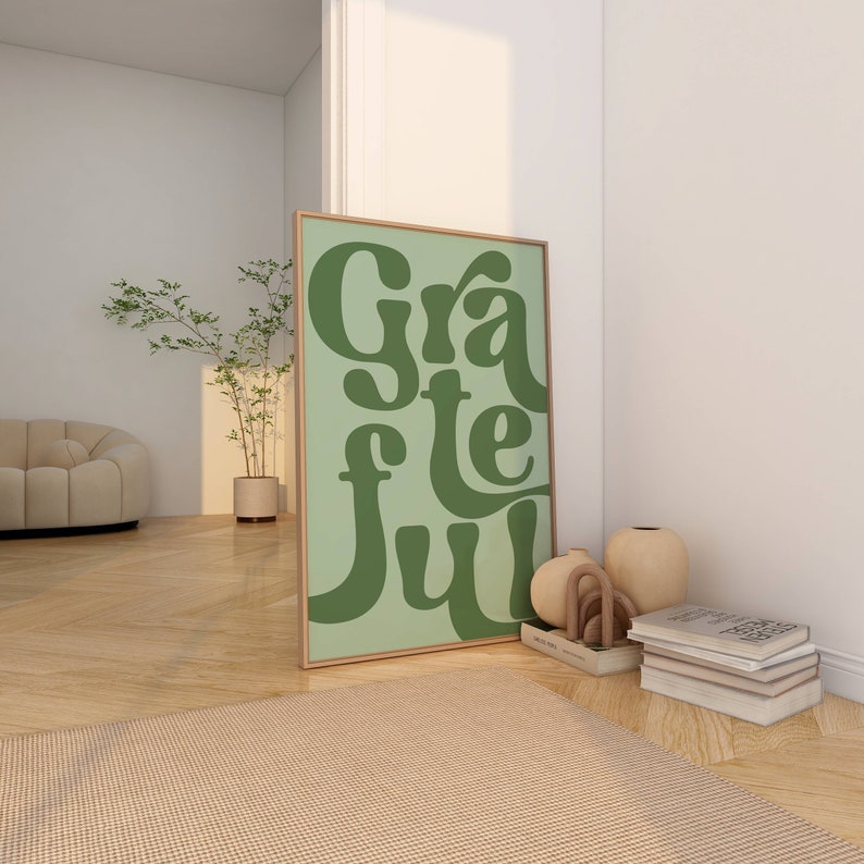 Grateful Abstract Art Print, Sage Green Typography (digital Download ...