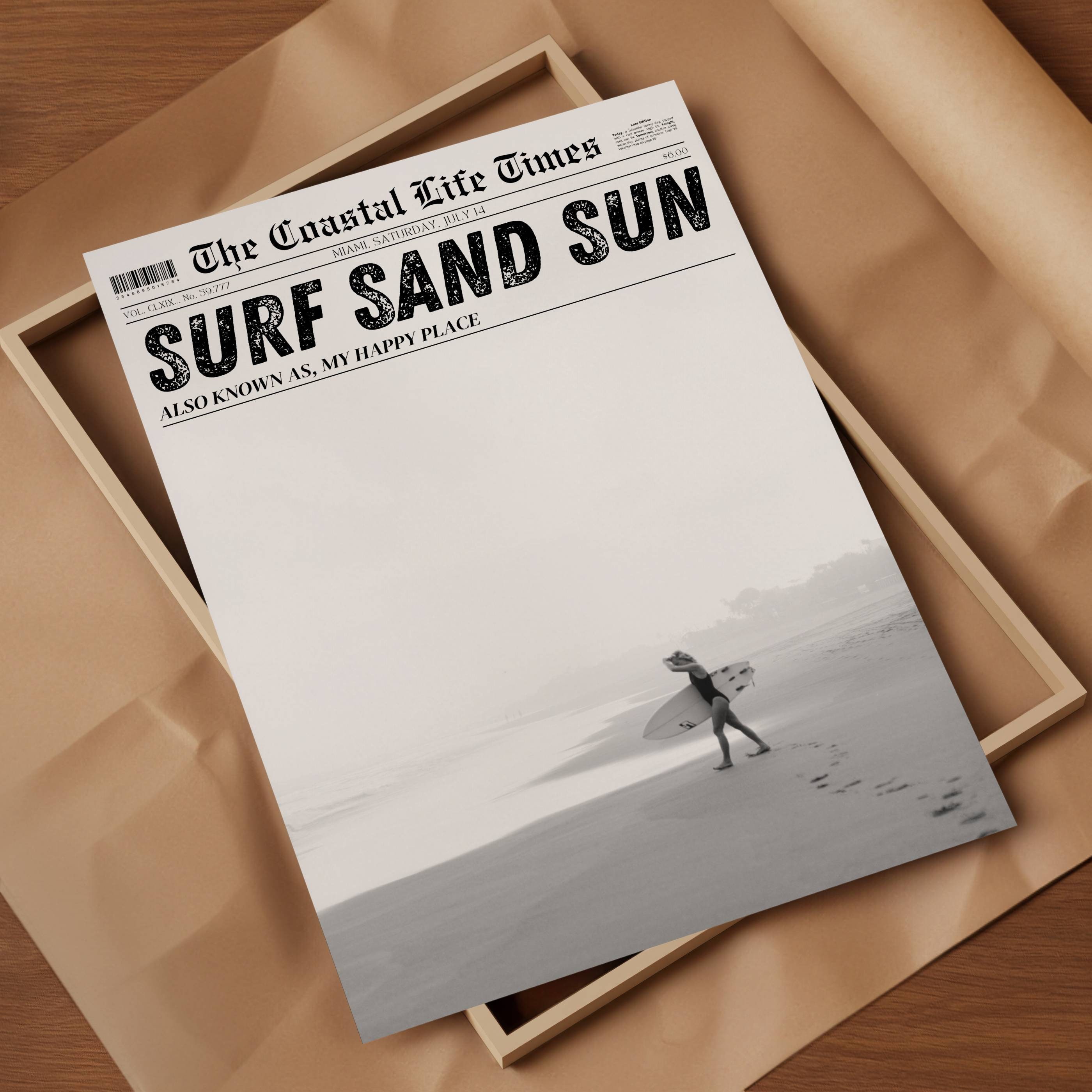 Surf Newspaper Headline Poster, Beach Wall Art, Summer Print, Surf ...