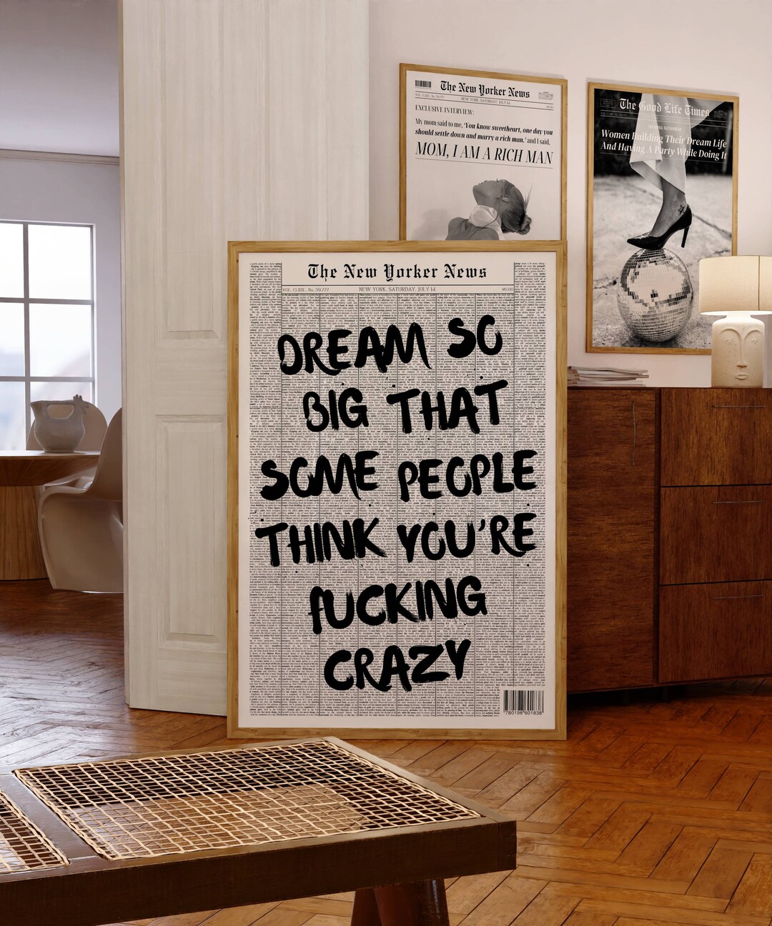 Dream Life Newspaper Headline Poster, Retro 70s Art Print, Trendy Quote ...