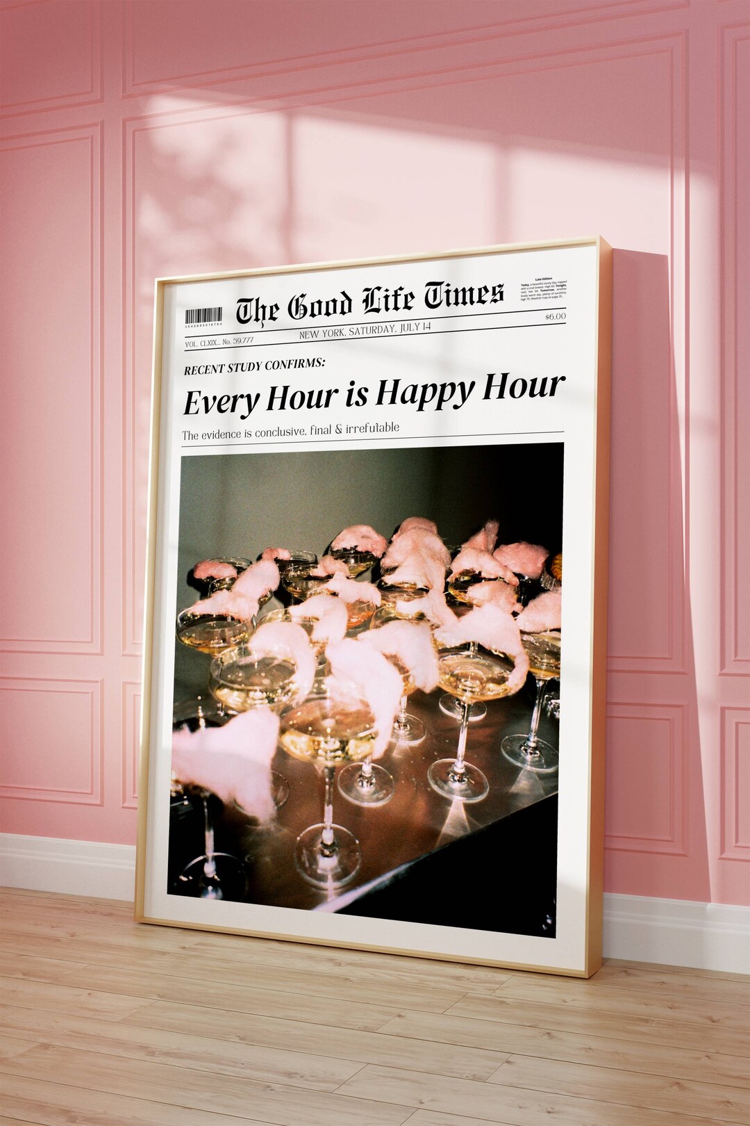 Happy Hour Newspaper Headline Poster, Champagne Print, Retro Bar Cart ...