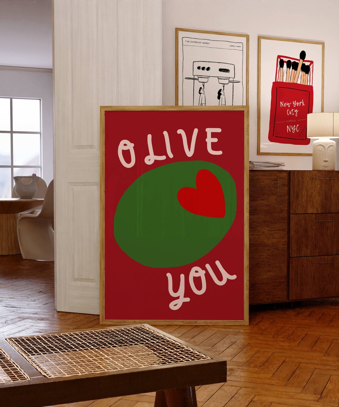 Olive You Wall Art, Red Olive Print, Food Art Kitchen Decor, Cute Olive ...