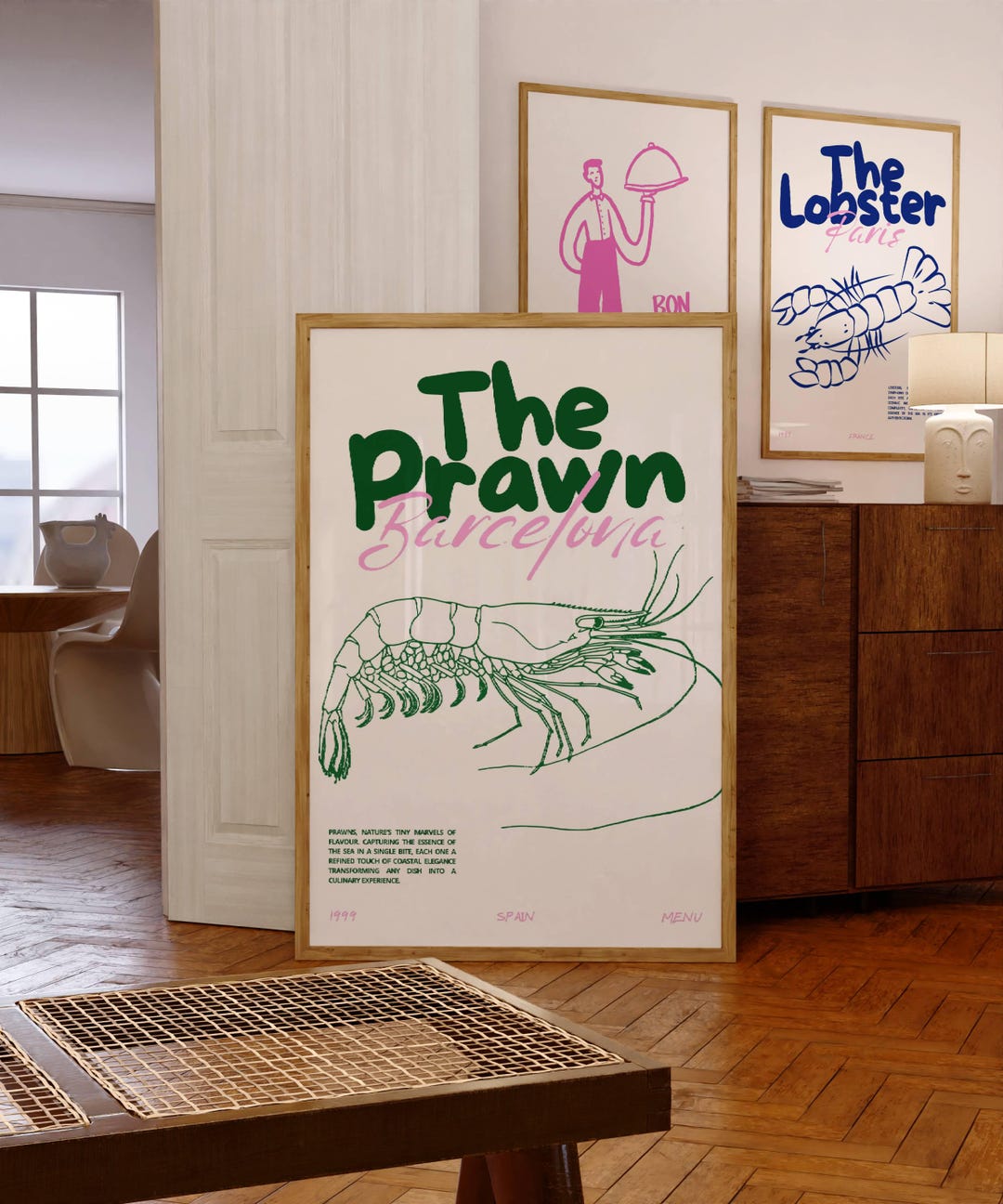 Prawn Print, Prawn Poster, Seafood Poster, Kitchen Decor, Pink Green ...