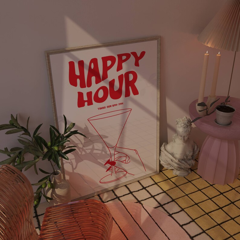 Happy Hour Wall Art Print, Bar Cart Art, Alcohol Poster, Bar Cart ...