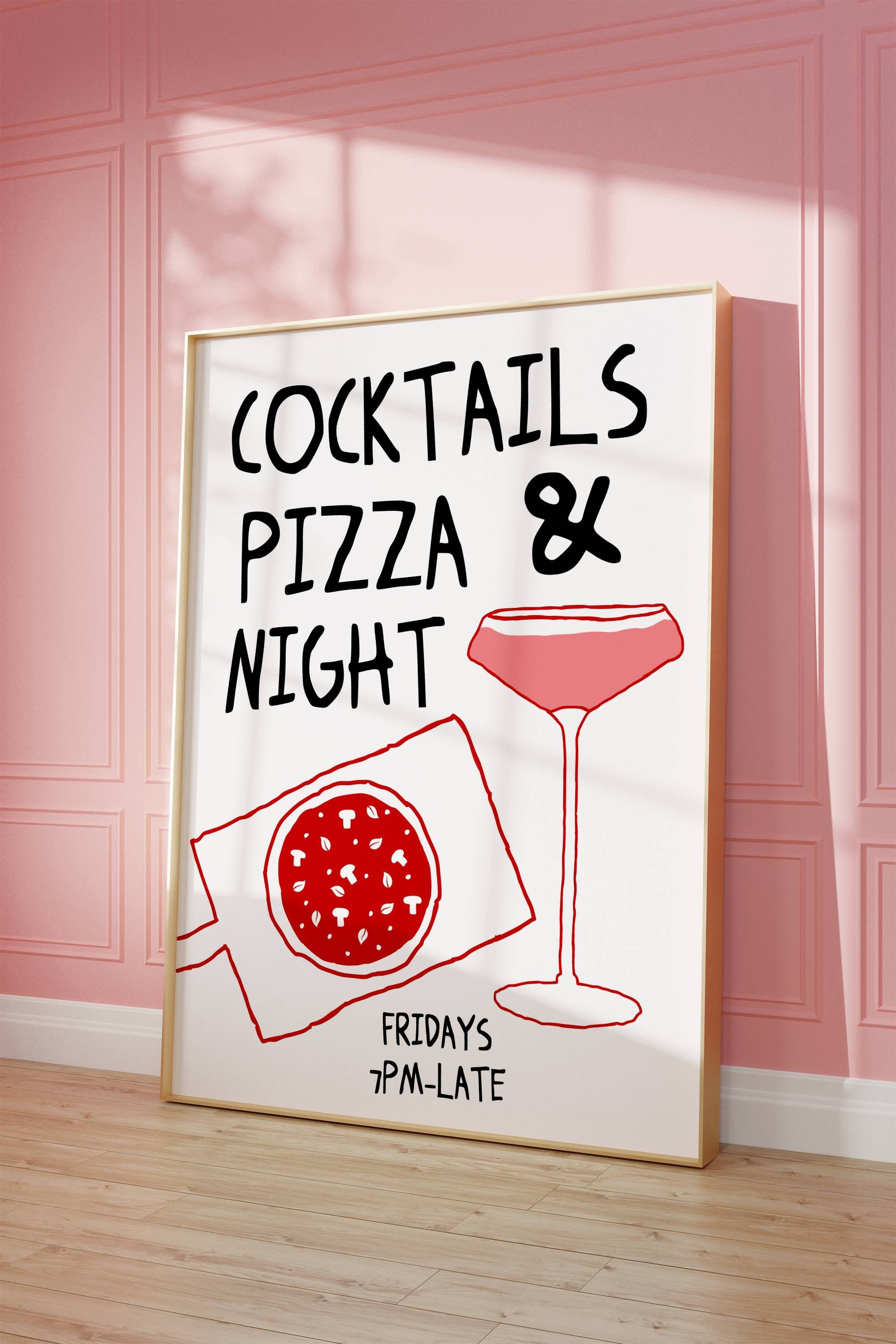 Cocktails & Pizza Night Print: Hand Drawn Bar Cart Art (digital ...