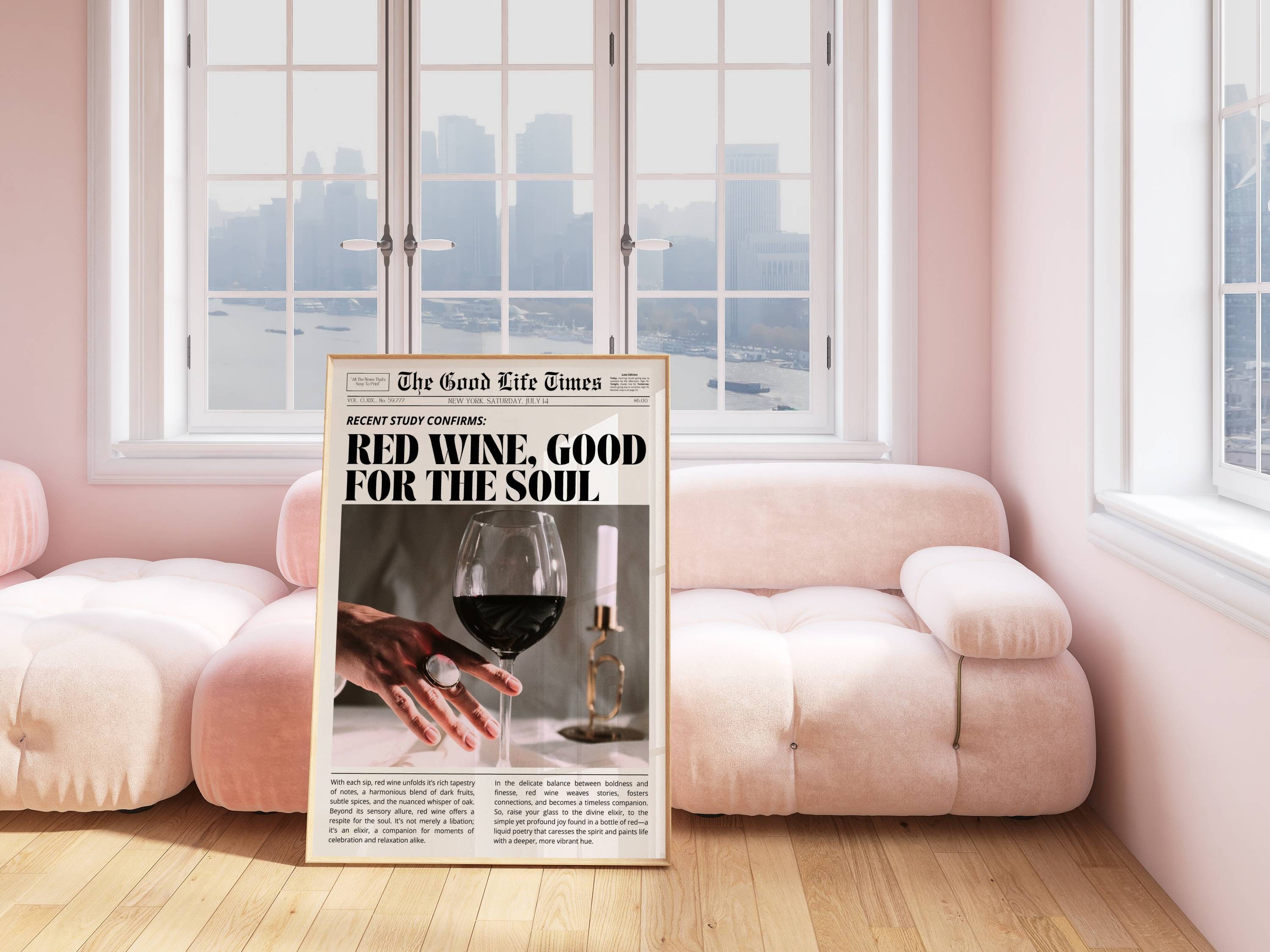 Red Wine Newspaper Headline Poster, Quote Poster, Retro Bar Cart Wall ...