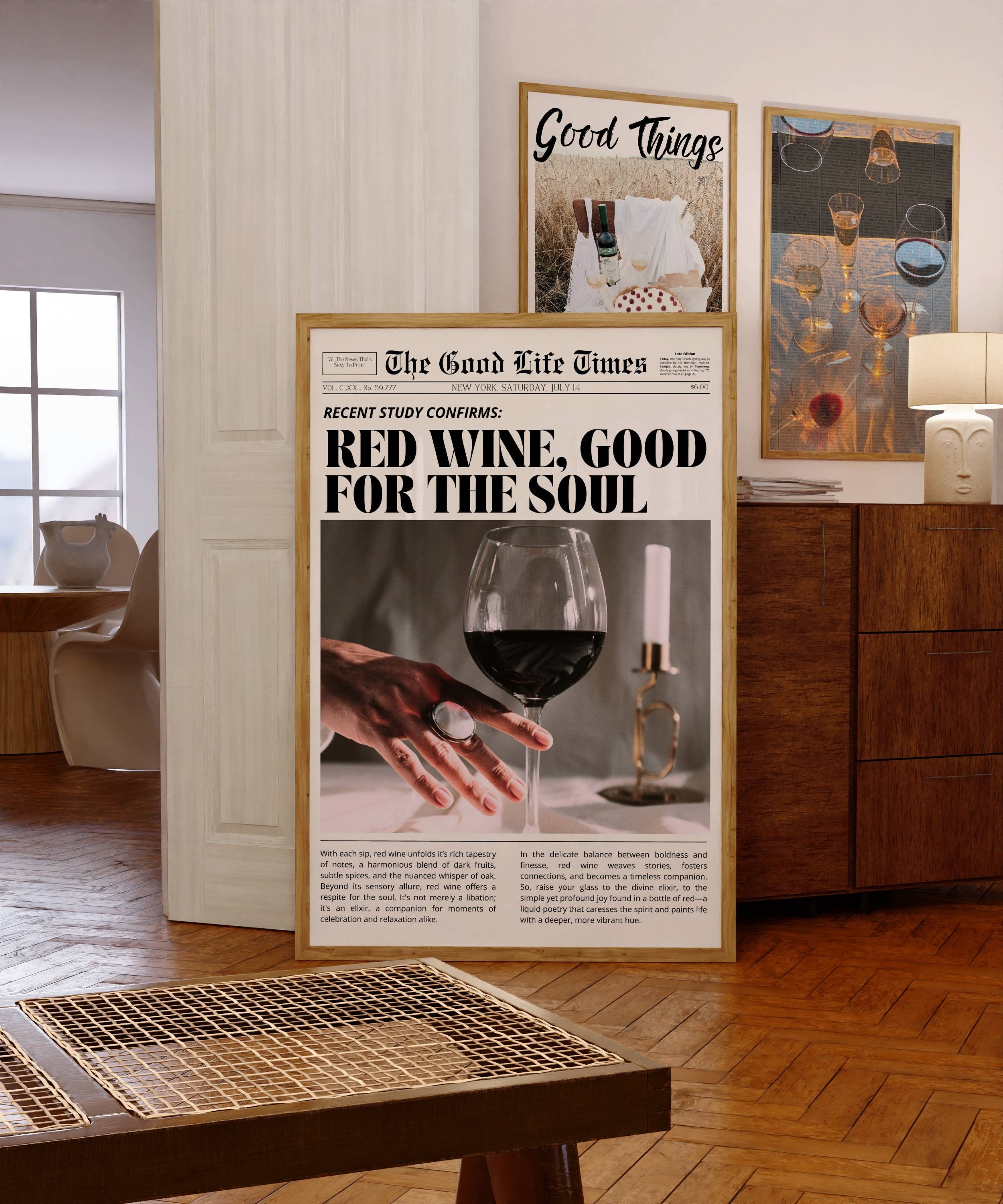 Red Wine Newspaper Headline Poster, Quote Poster, Retro Bar Cart Wall ...