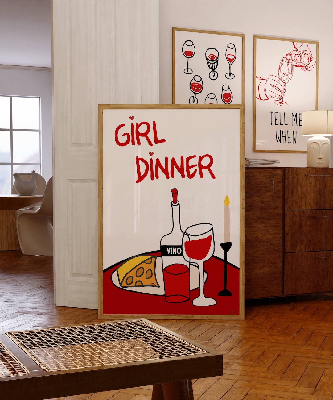 Girl Dinner Poster, Bar Cart Art Decor, Red Wall Art, 70s Print, Trendy ...