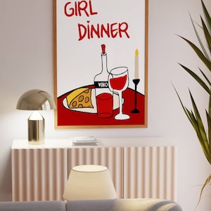 Girl Dinner Poster, Bar Cart Art Decor, Red Wall Art, 70s Print, Trendy ...