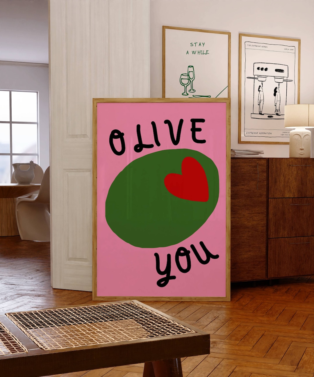 Olive You Wall Art, Pink Olive Print, Food Art Kitchen Decor, Cute ...