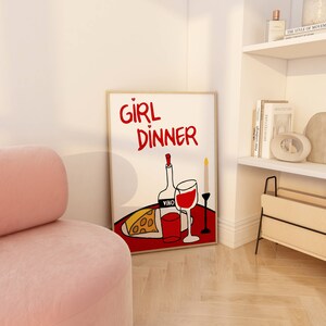 Girl Dinner Poster, Bar Cart Art Decor, Red Wall Art, 70s Print, Trendy ...