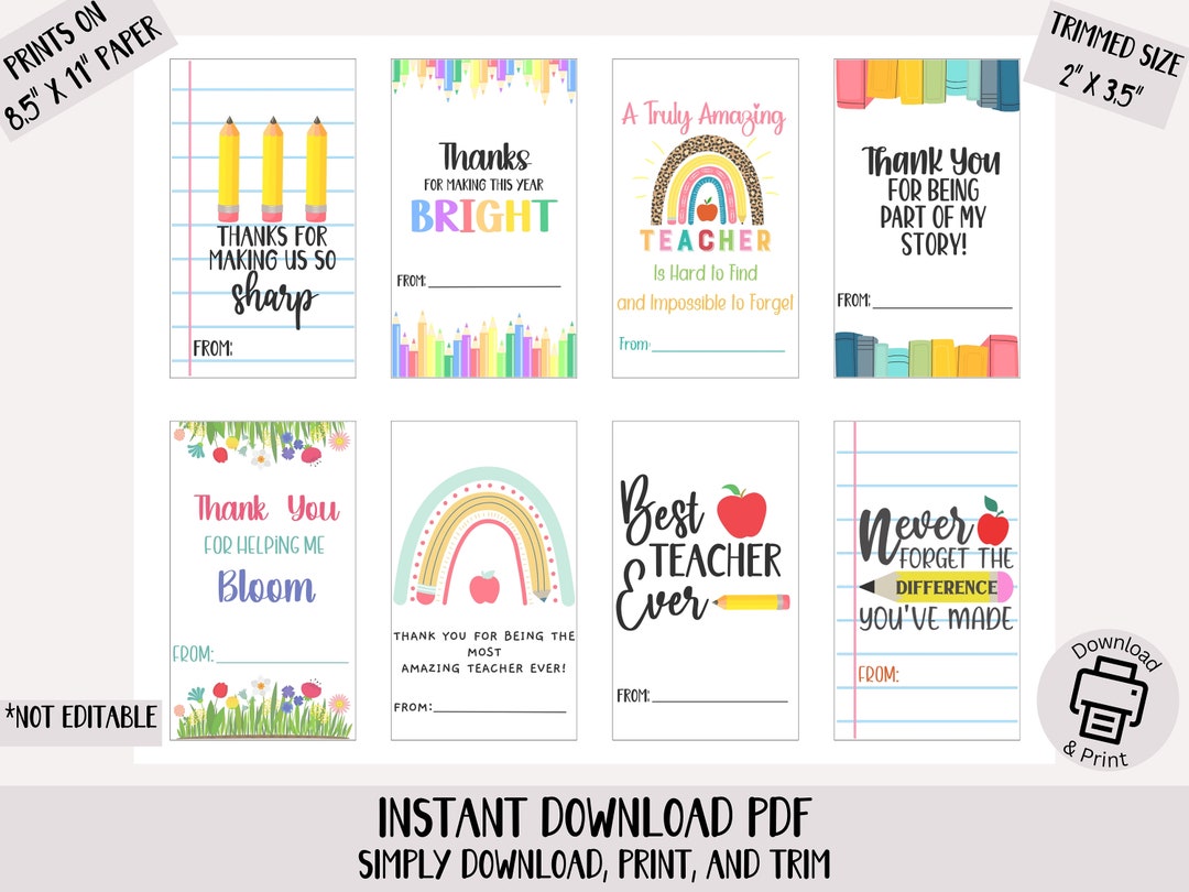 Printable Teacher Appreciation Gift Tags Instant Download Teacher Thank ...