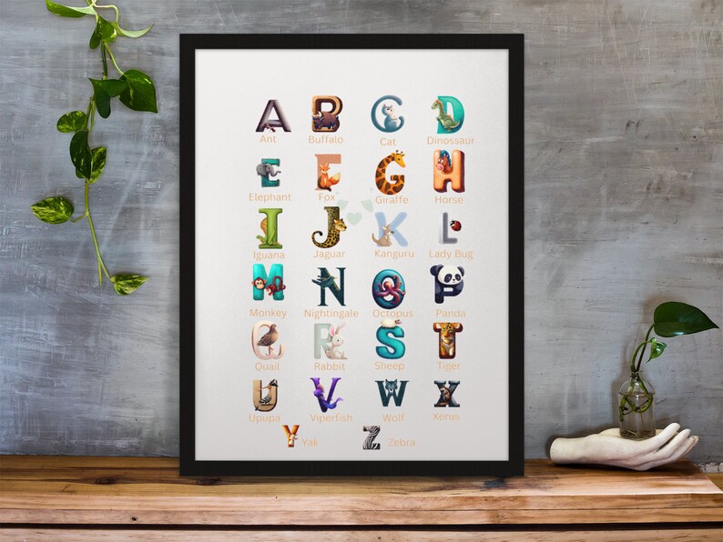 Alphabet Poster A to Z With Animals Cartoon and Letters - Etsy